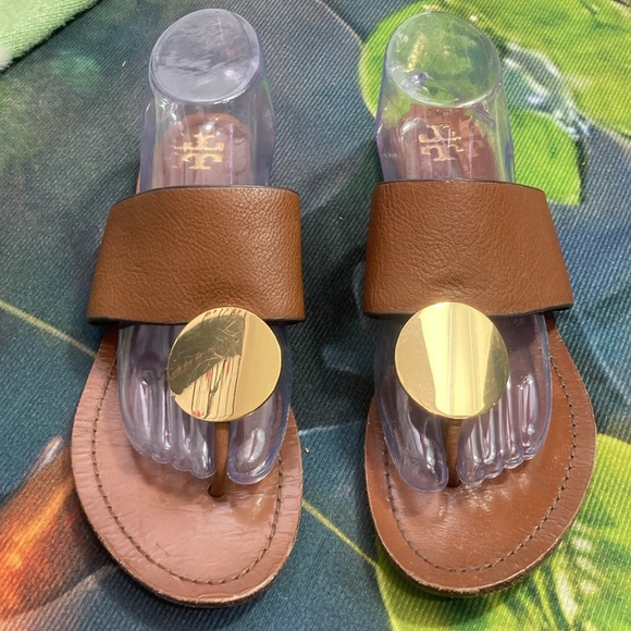 Tory Burch | Shoes | Tory Burch Gold Disc Brown Leather Sandals | Poshmark